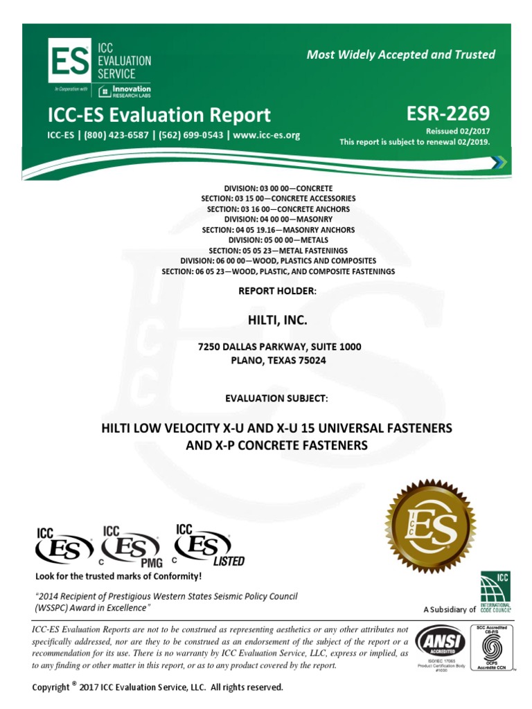 ICC ES Evaluation Report ESR 2269: Hilti, Inc | PDF | Strength Of ...