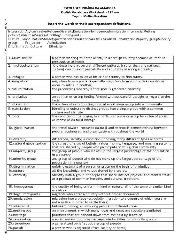 Multiculturalism Vocabulary Worksheet | PDF | Immigration ...