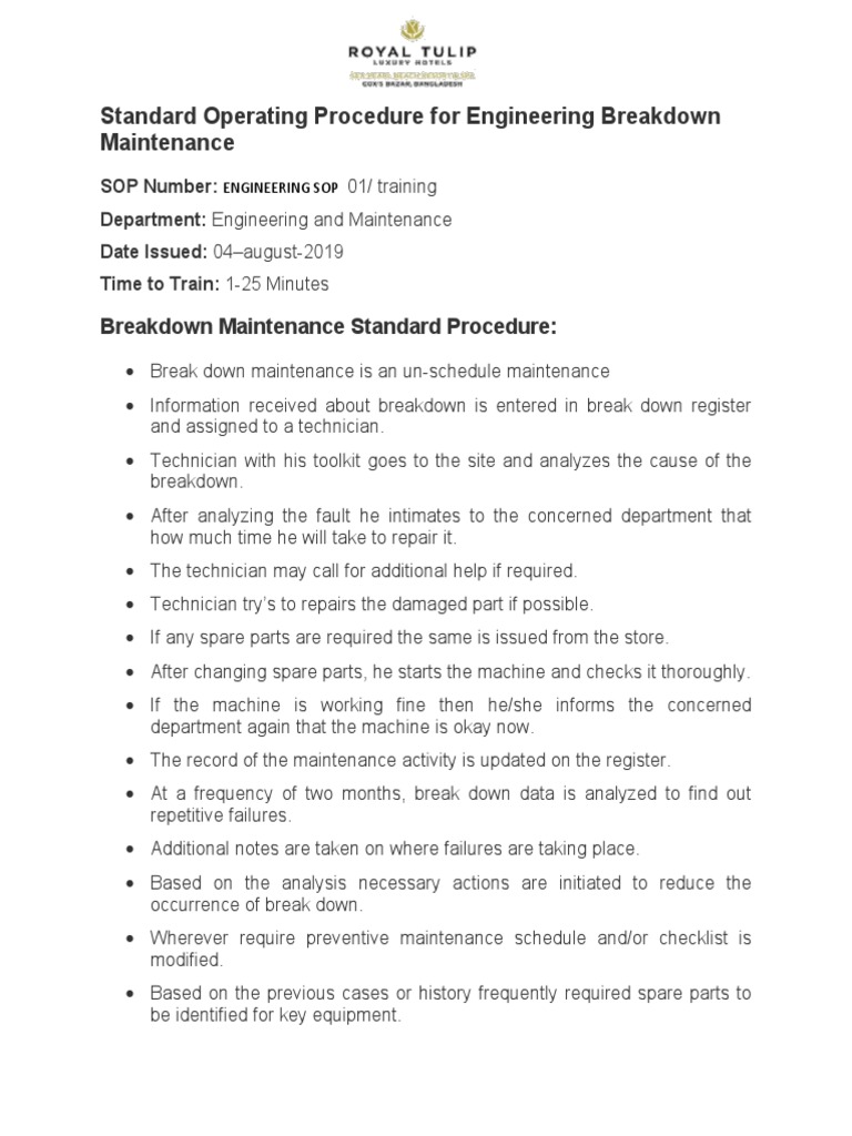 Standard Operating Procedure For Engineering Breakdown Maintenance ...