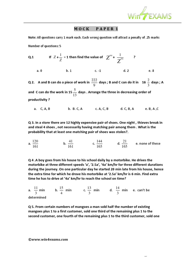 Mock Paper 1: Number of Questions: 5 | PDF