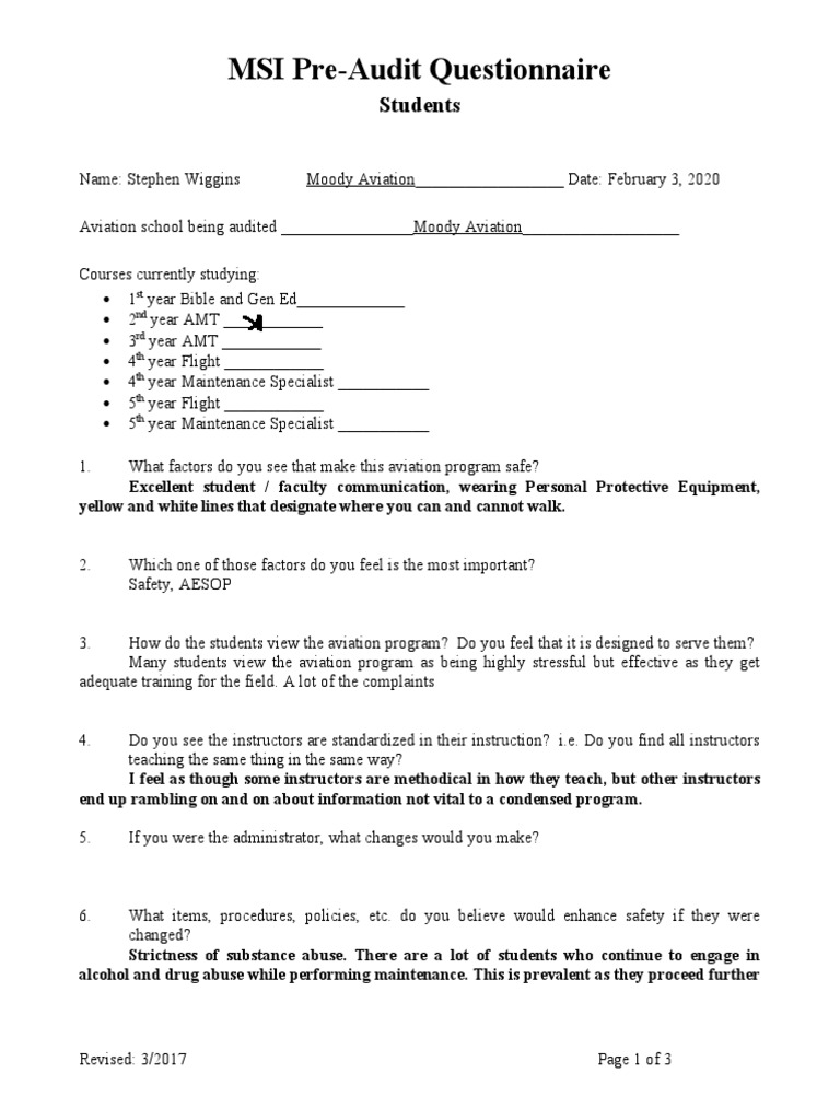 Pre-Audit Questionnaire - Student | PDF | Psychology | Cognition