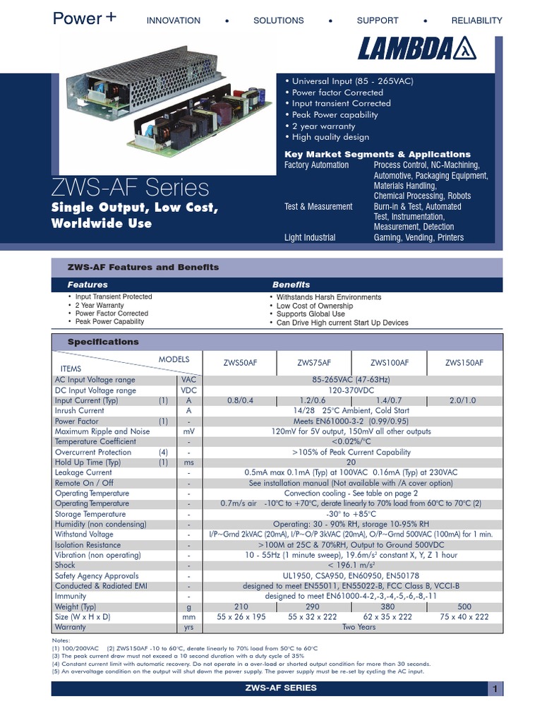 TDK Lambda ZWS150AF 12 Datasheet PDF | PDF | Power Supply | Automation