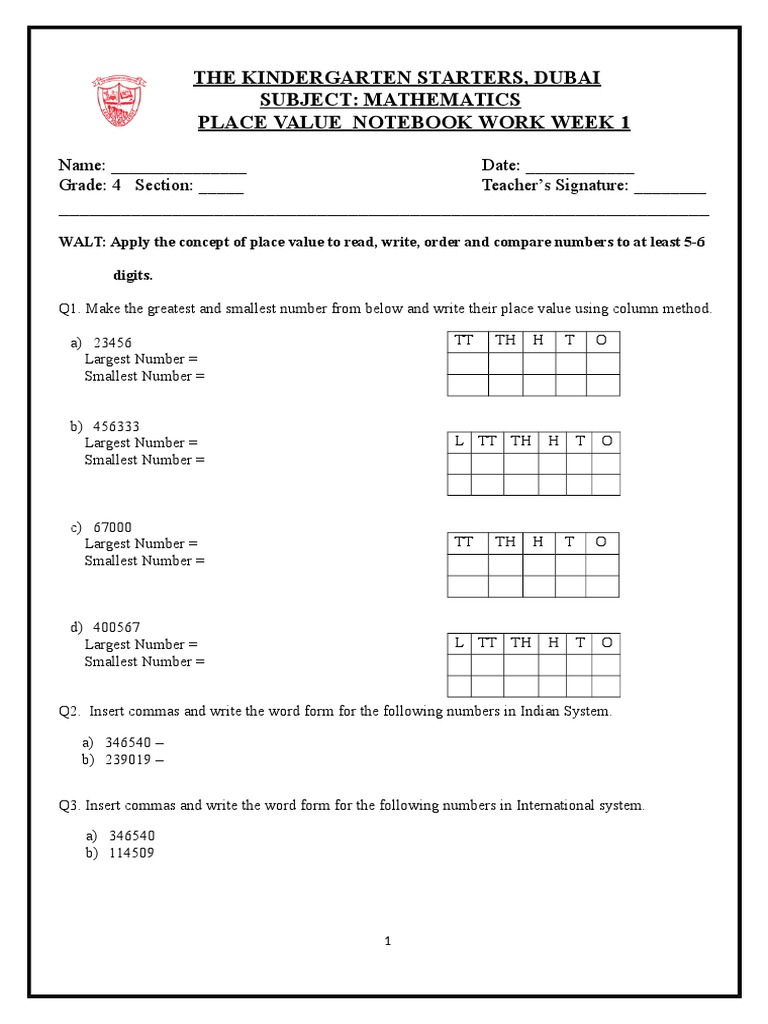 The Kindergarten Starters, Dubai Subject: Mathematics Place Value ...