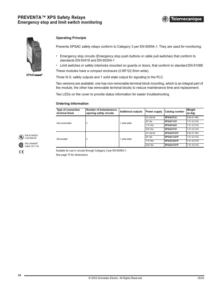 PREVENTA™ XPS Safety Relays: Emergency Stop and Limit Switch Monitoring ...