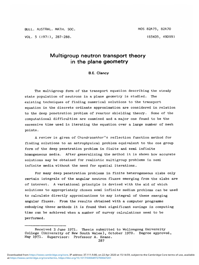 Multigroup Neutron Transport Theory in The Plane Geometry: B.E. Clancy | PDF | Analysis ...