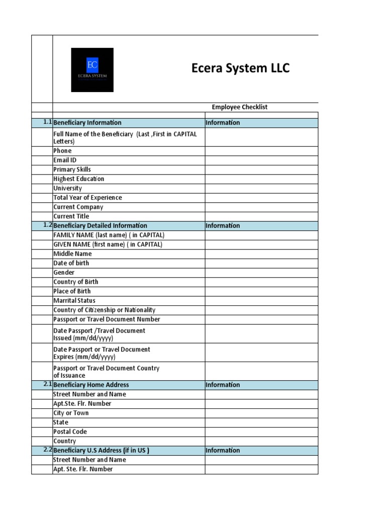Ecera System LLC: Employee Checklist Information | PDF | Passport ...