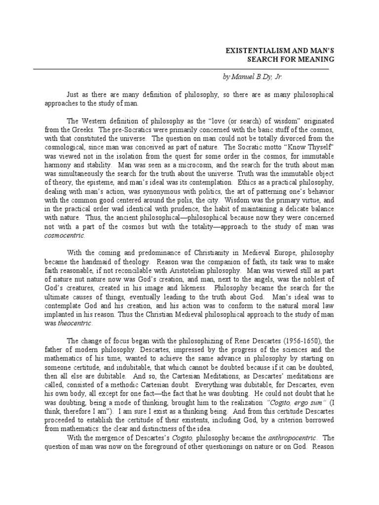 By Manuel B.Dy, JR.: Existentialism and Man'S Search For Meaning | PDF ...