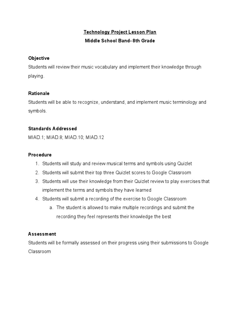 Technology Project Lesson Plan Middle School Band-8th Grade | PDF