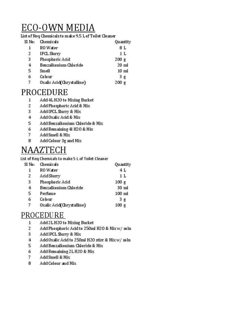 Toilet Cleaner Formulation Guide | PDF | Cooking, Food & Wine | Science ...
