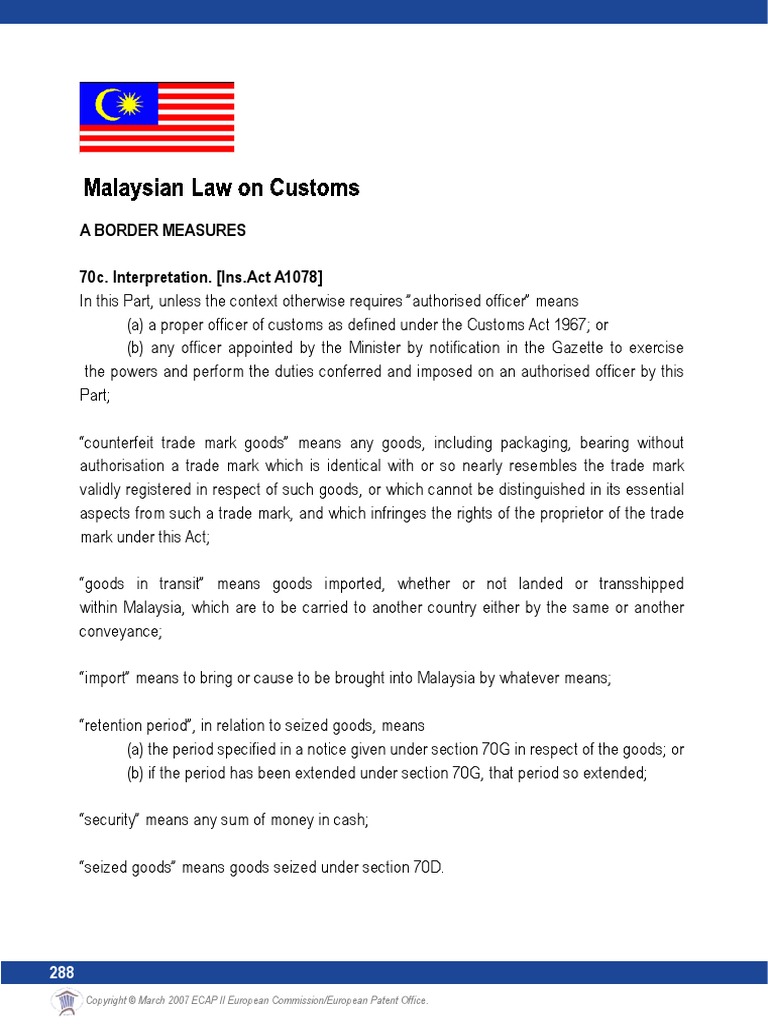 Malaysian Law On Customs: A Border Measures 70c. Interpretation. (Ins ...