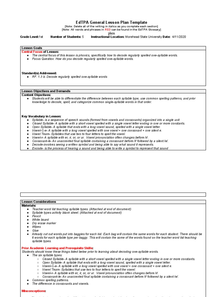 Edtpa General Lesson Plan Template | PDF | Syllable | Vowel