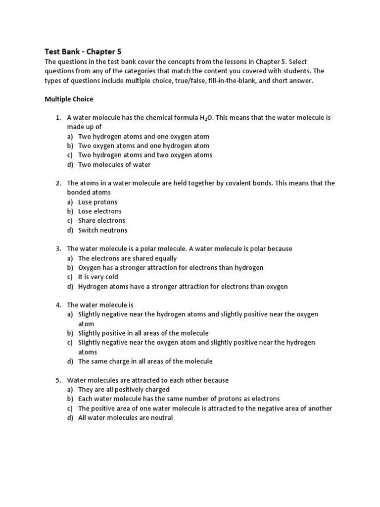 Test Bank - Chapter 5: Multiple Choice | PDF | Solution | Chemical Polarity