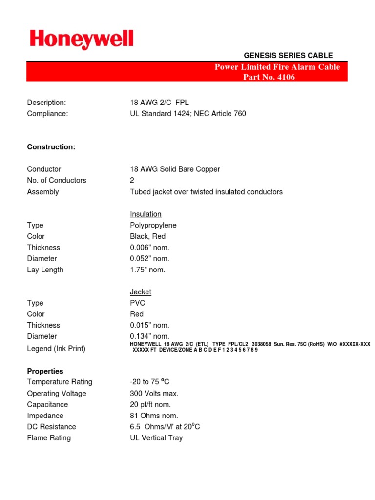 Genesis Series Cable: Power Limited Fire Alarm Cable Part No. 4106 | PDF