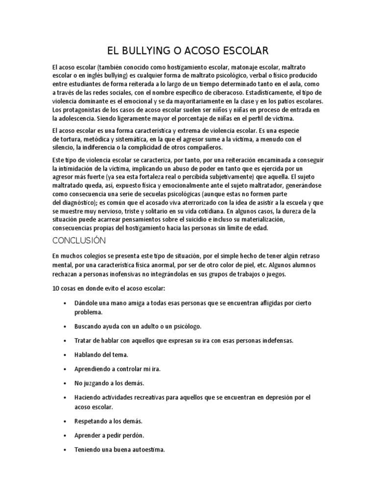El Bullying o Acoso Escolar | PDF | Ciencias del comportamiento | Agresión