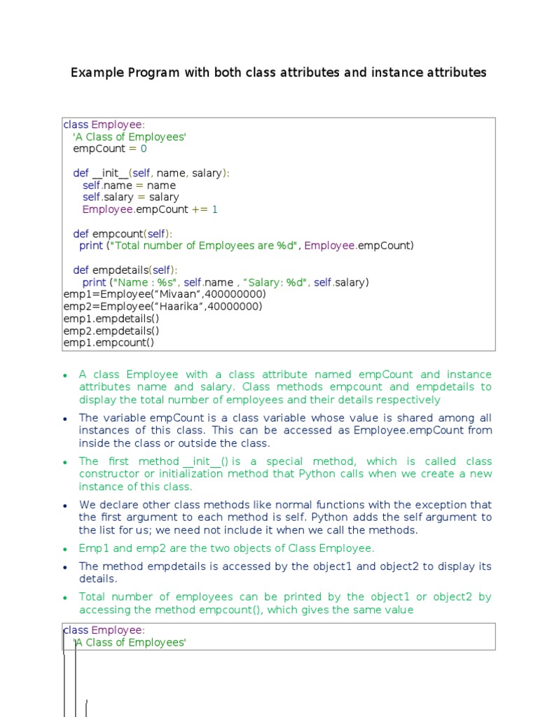 Example Program With Both Class Attributes And Instance Attributes Pdf Method Computer 