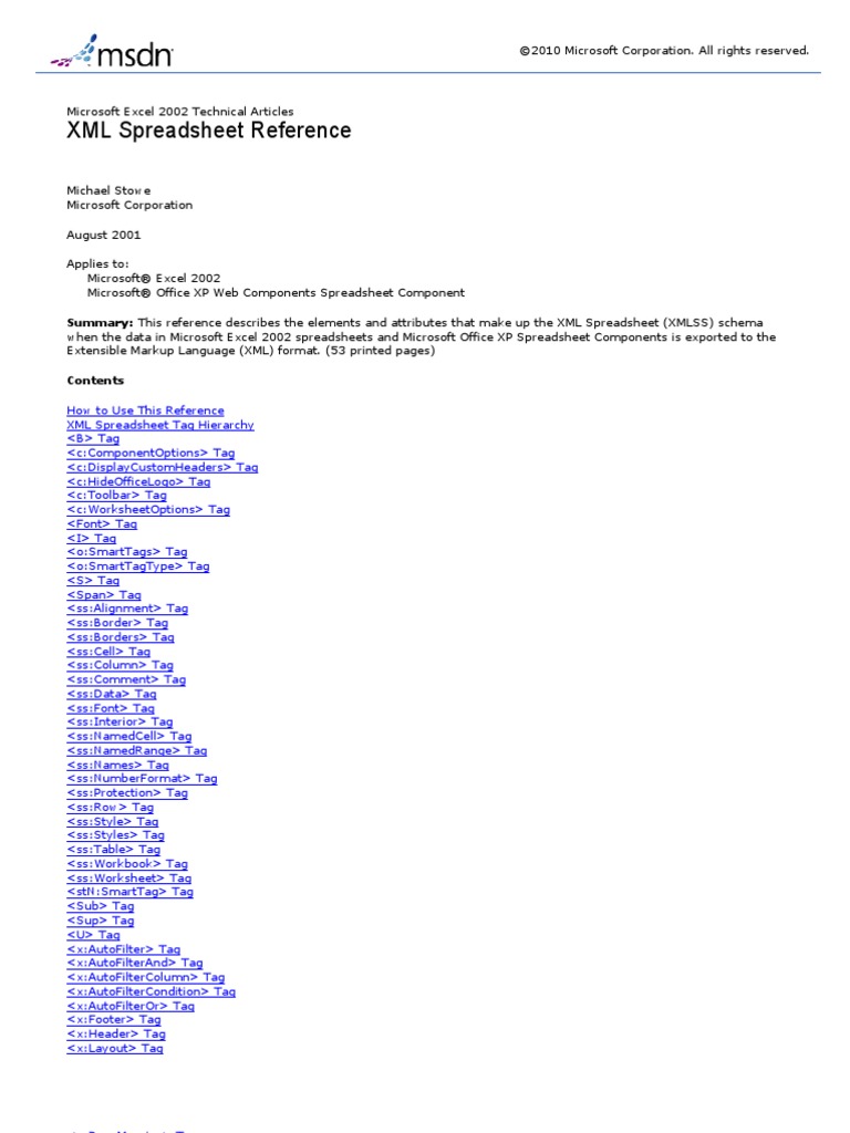 XML Spreadsheet Reference | PDF | Html Element | Microsoft Excel