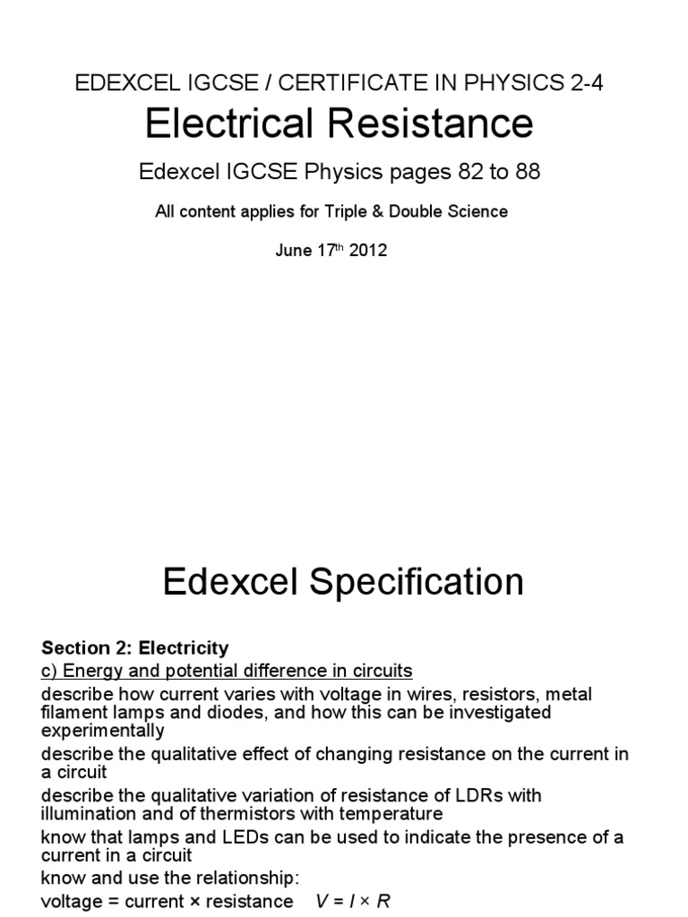 Electrical Resistance: Edexcel Igcse / Certificate in Physics 2-4 | PDF ...