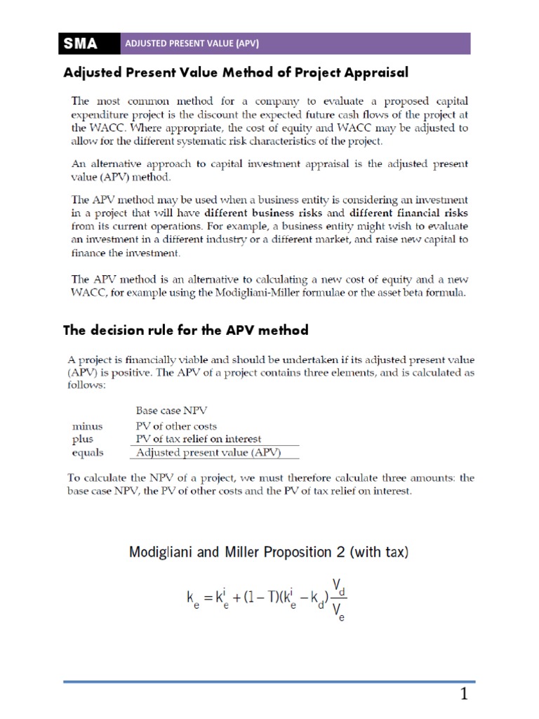 Adjusted Present Value Method of Project Appraisal | PDF | Present Value | Debt