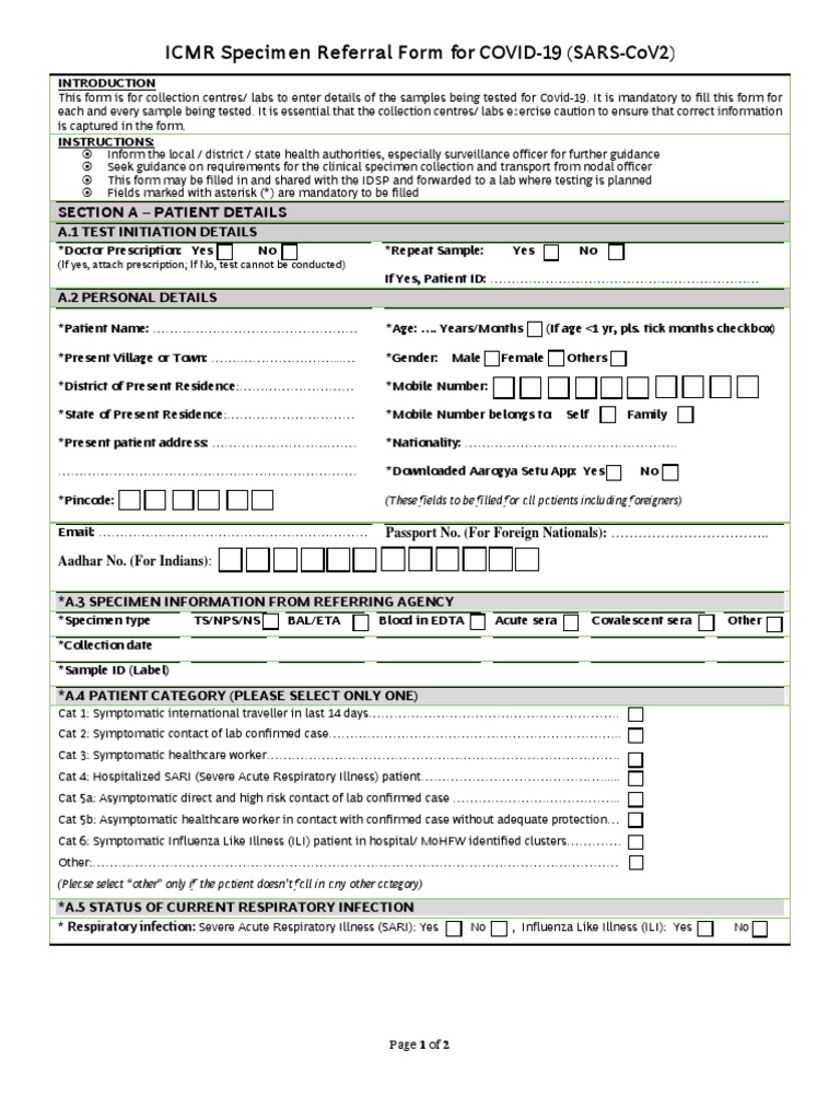 Covid 19 Test Form | PDF | Symptom | Public Health