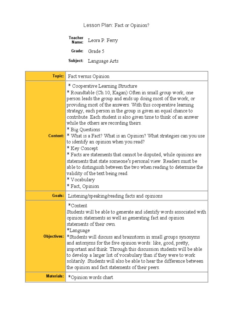 Fact or Opinion Lesson Plan | PDF | Lesson Plan | Epistemology
