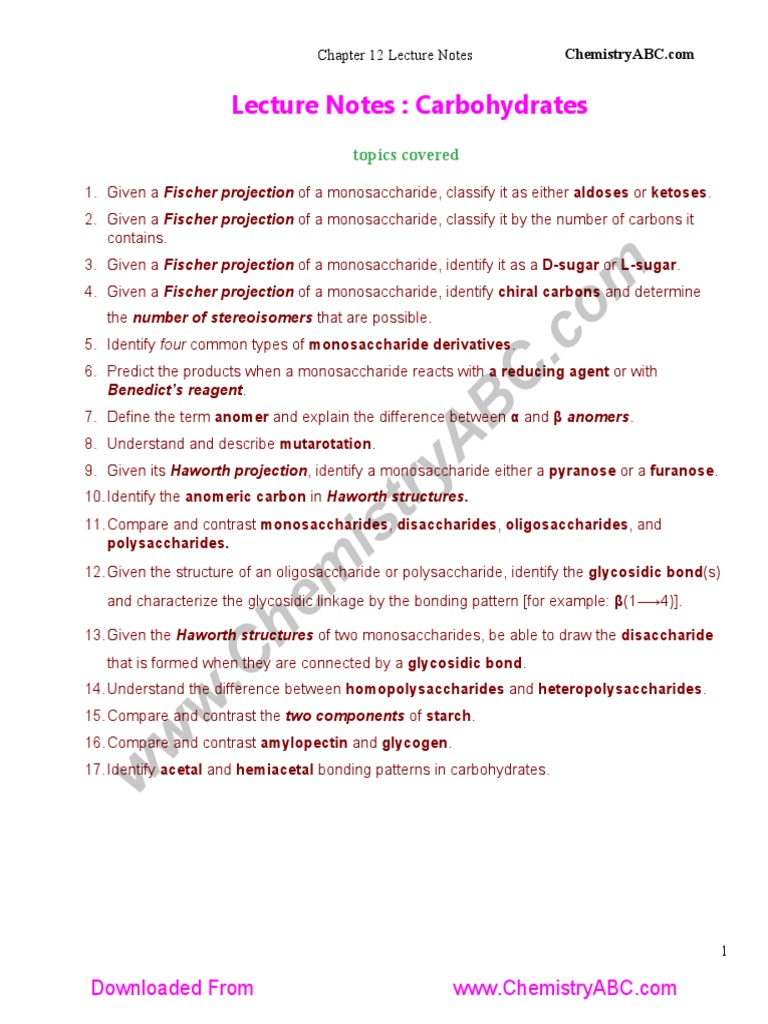 Lecture Notes: Carbohydrates: Topics Covered | PDF | Carbohydrates ...