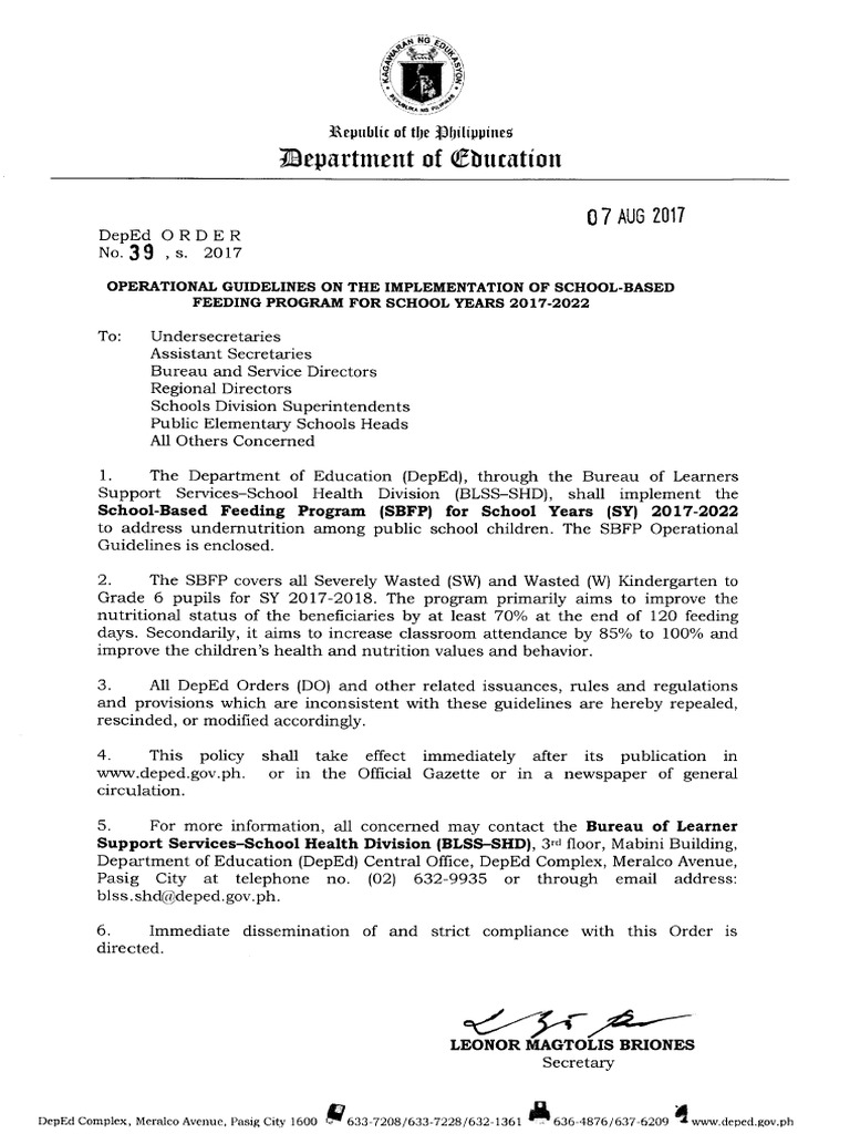 DepED Order 39 S. 2017 School Feeding PDF | PDF