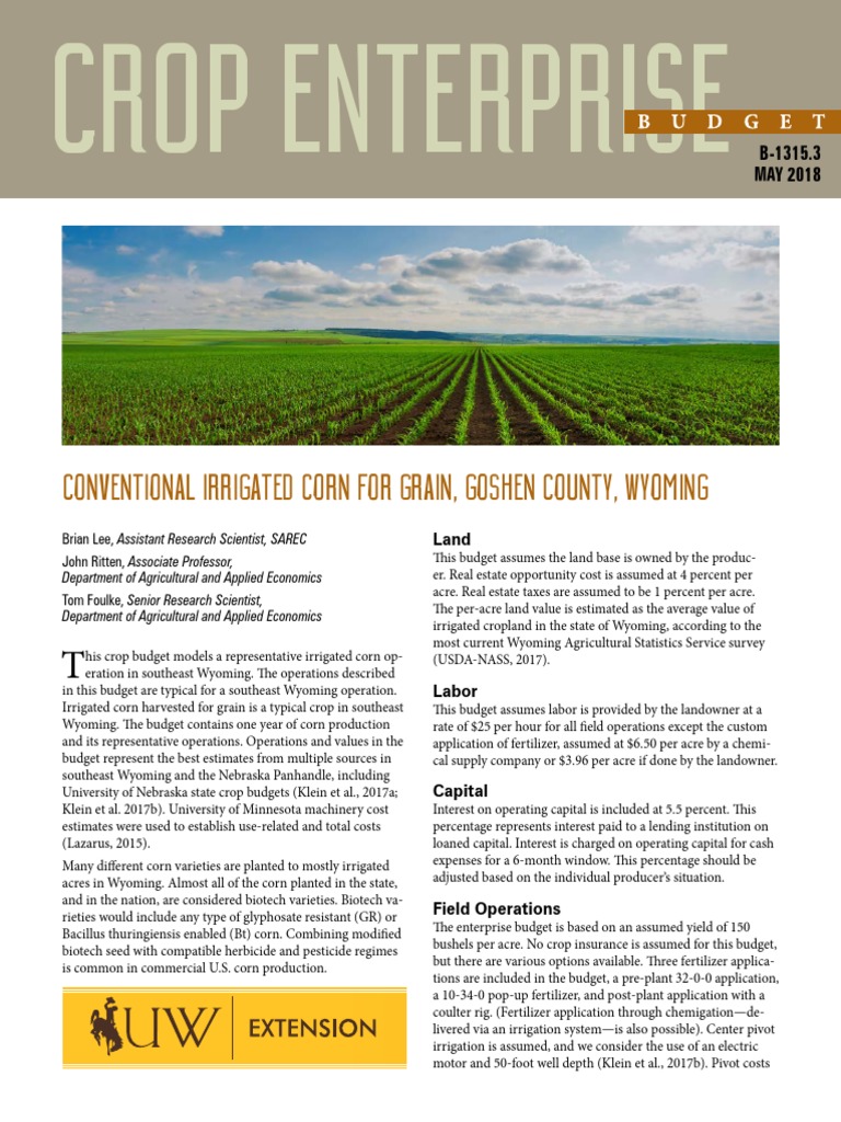 Crop Enterprise Budget. Conventional Irrigated Corn For Grain | PDF ...