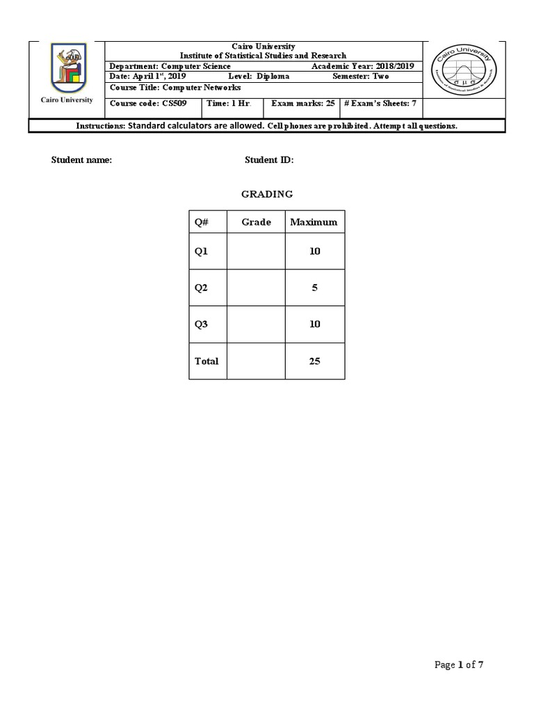 CS509 Computer Networks Exam 2019 | PDF | Osi Model | Computer Network