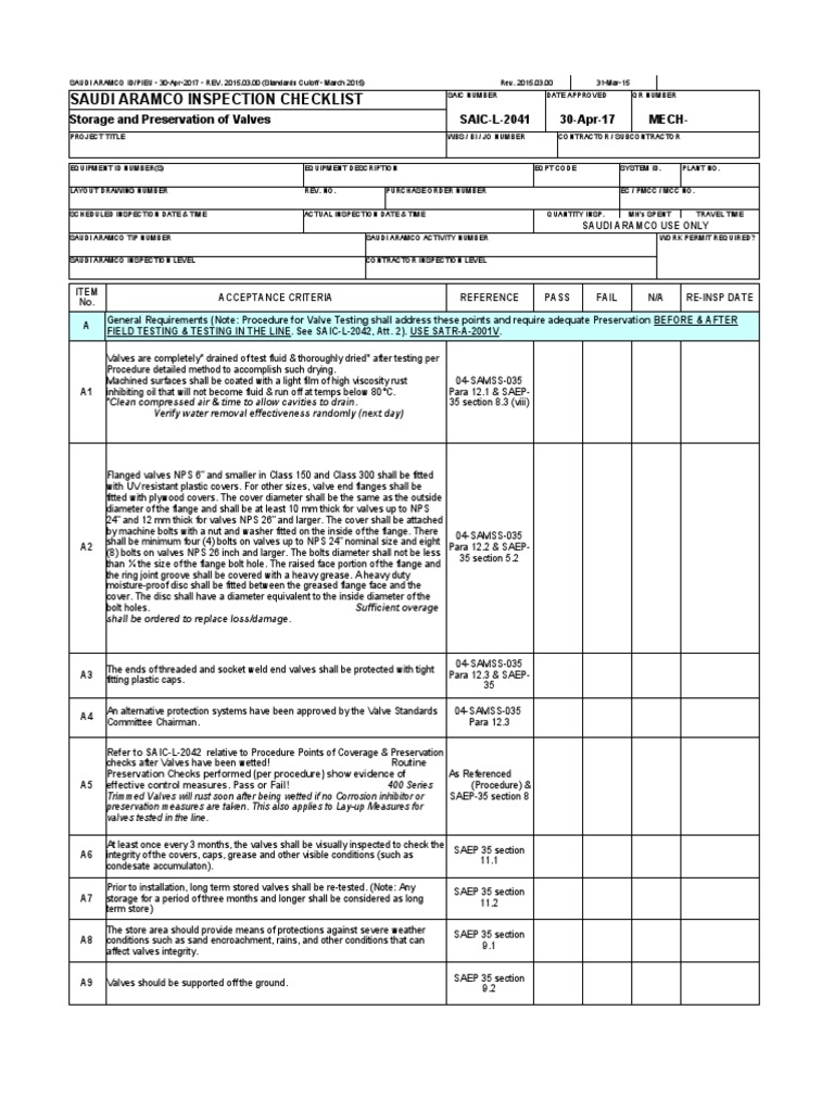 Saudi Aramco Inspection Checklist: Storage and Preservation of Valves ...