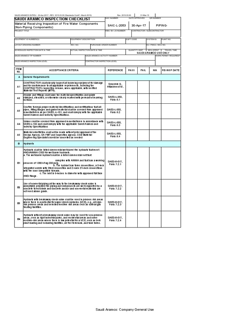 Saudi Aramco Inspection Checklist | PDF | Valve | Pipe (Fluid Conveyance)