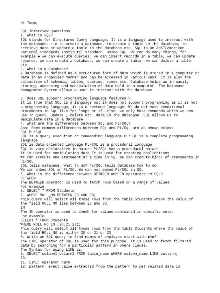 SQL Interview Questions | PDF | Sql | Pl/Sql