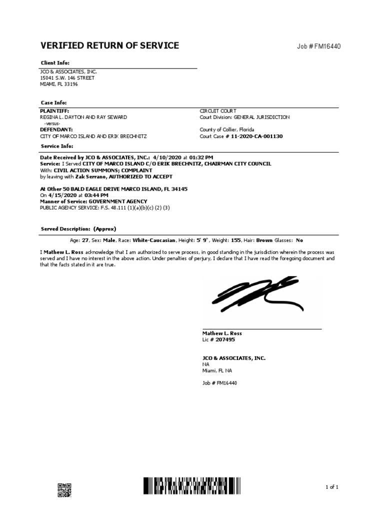 Verified Return of Service: Dayton and Seward v. City of Marco Island ...
