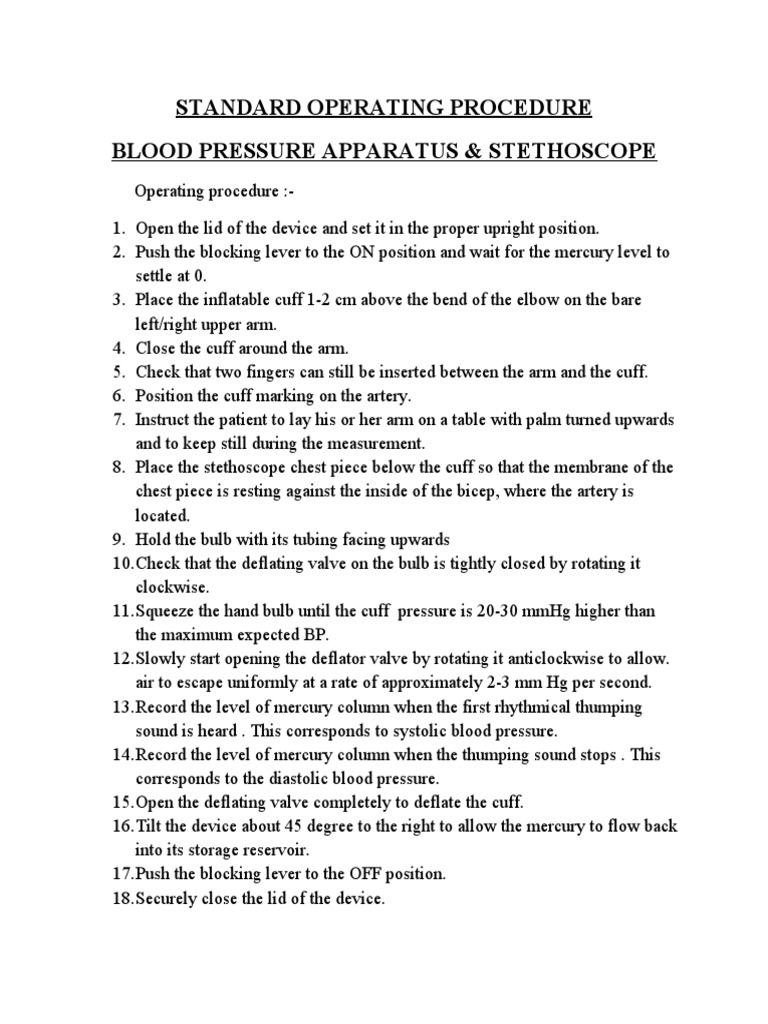 Standard Operating Procedure Blood Pressure Apparatus & Stethoscope | PDF