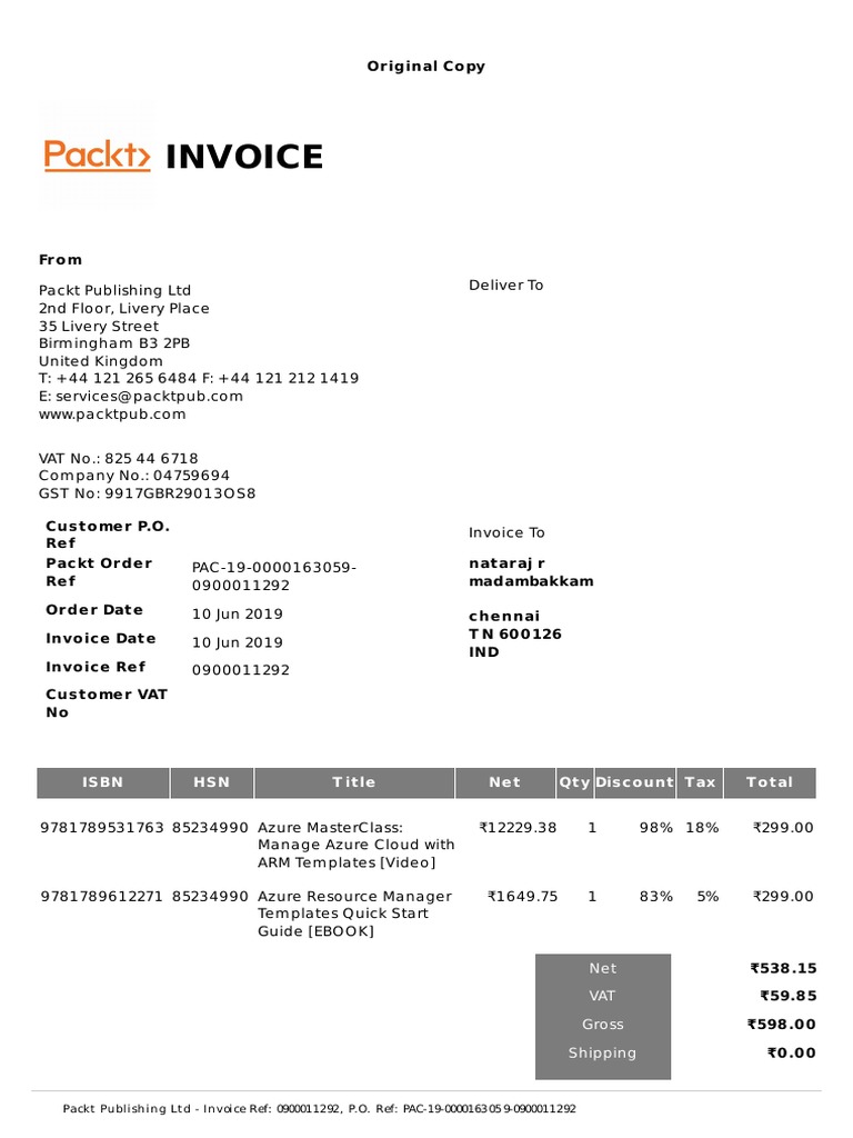 Packt Publishing Invoice 0900011292 | PDF | Finance & Money Management