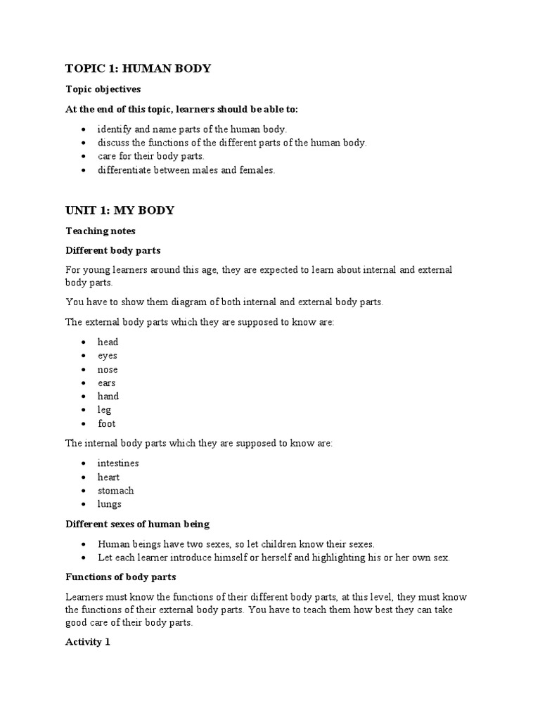 Topic 1: Human Body: Topic Objectives at The End of This Topic ...