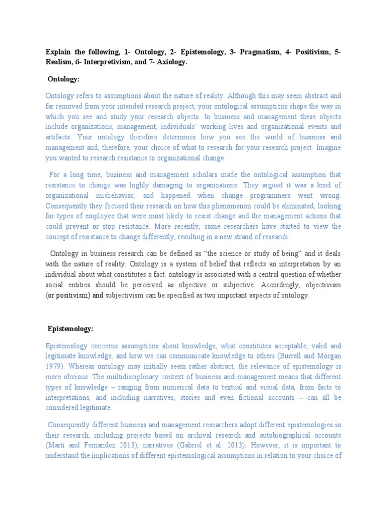 Explain The Following, 1-Ontology, 2 - Epistemology, 3 - Pragmatism, 4 ...