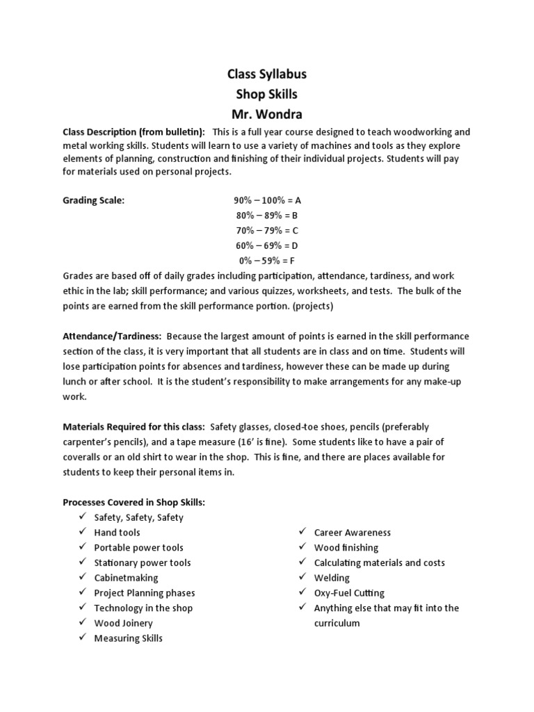 Shop Skills Syllabus | PDF