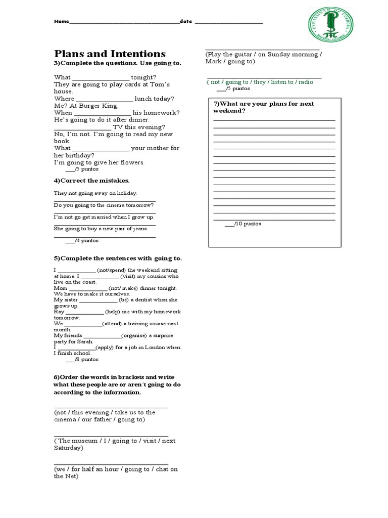 Plans and Intentions: 3) Complete The Questions. Use Going To | PDF