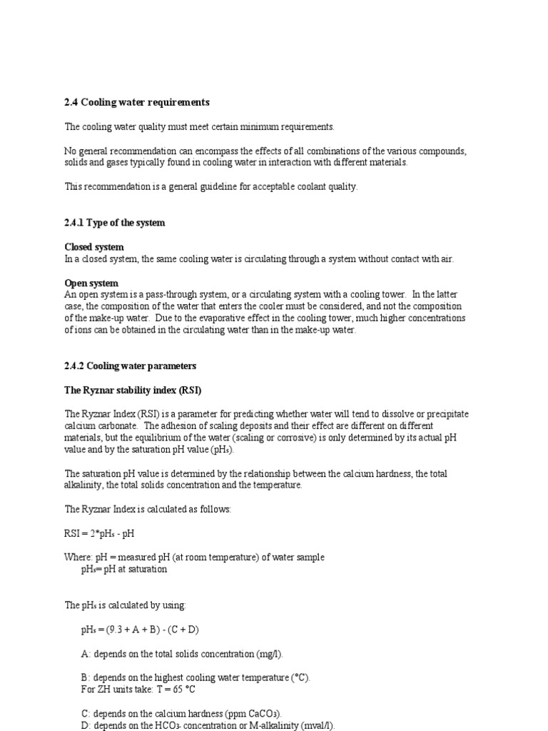 2.4 Cooling Water Requirements: 2.4.1 Type of The System Closed System ...