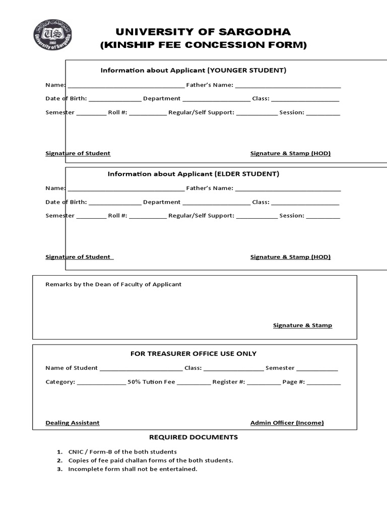 University of Sargodha: (Kinship Fee Concession Form) | PDF