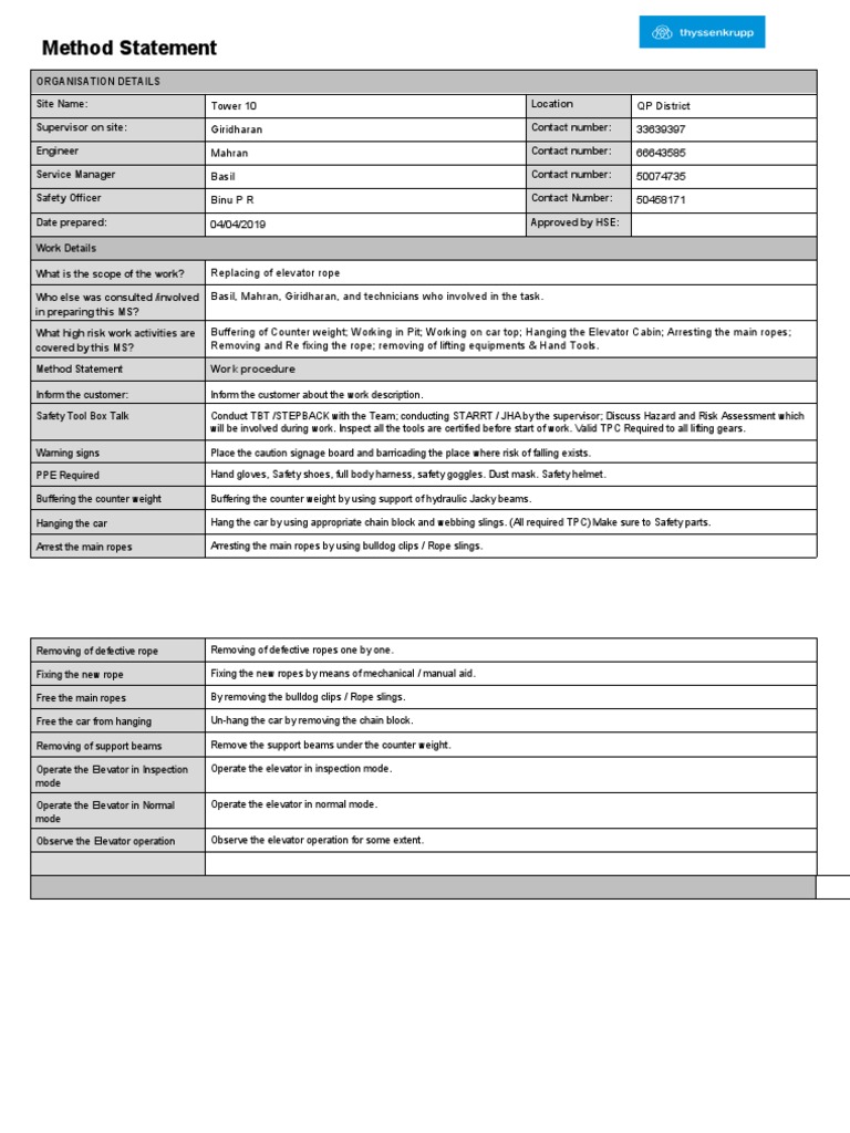 Method Statement: Work Procedure | PDF | Elevator | Personal Protective Equipment