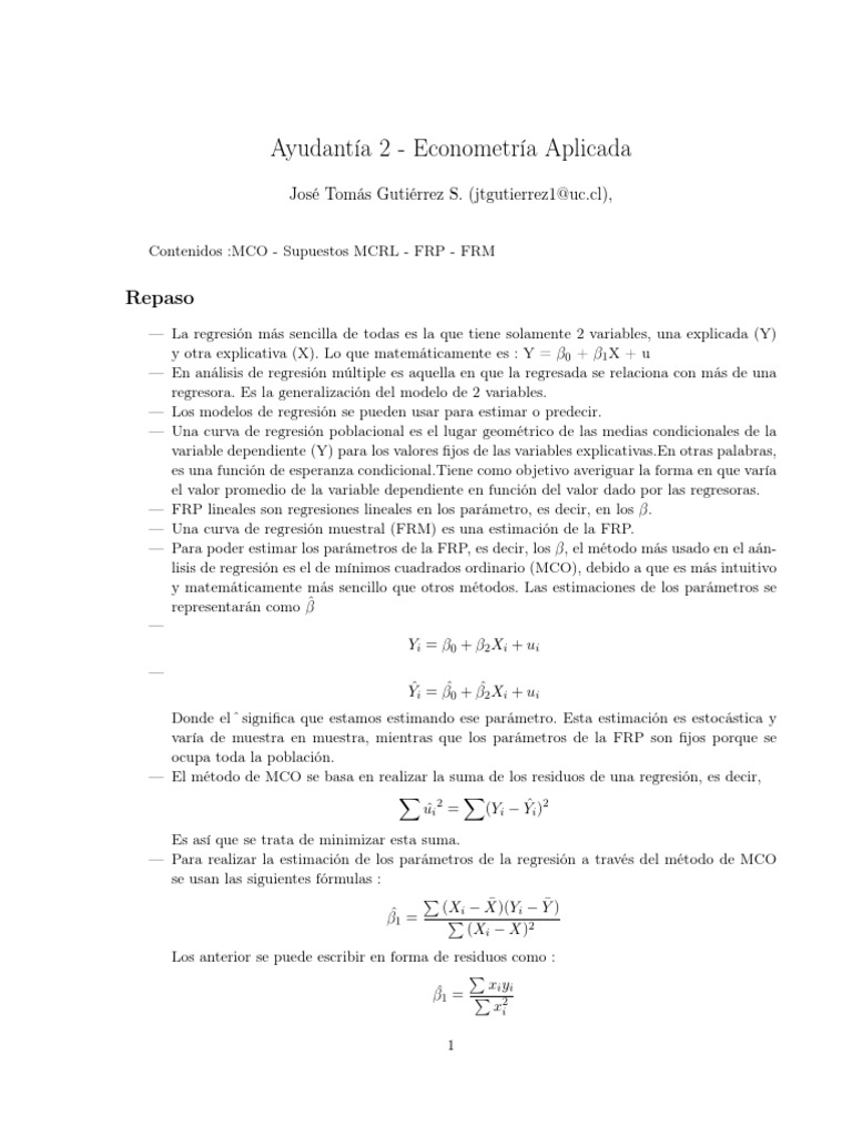 Ayudant A 2 Econometr A Aplicada 2019 2 PDF | PDF | Análisis de regresión | Regresión lineal