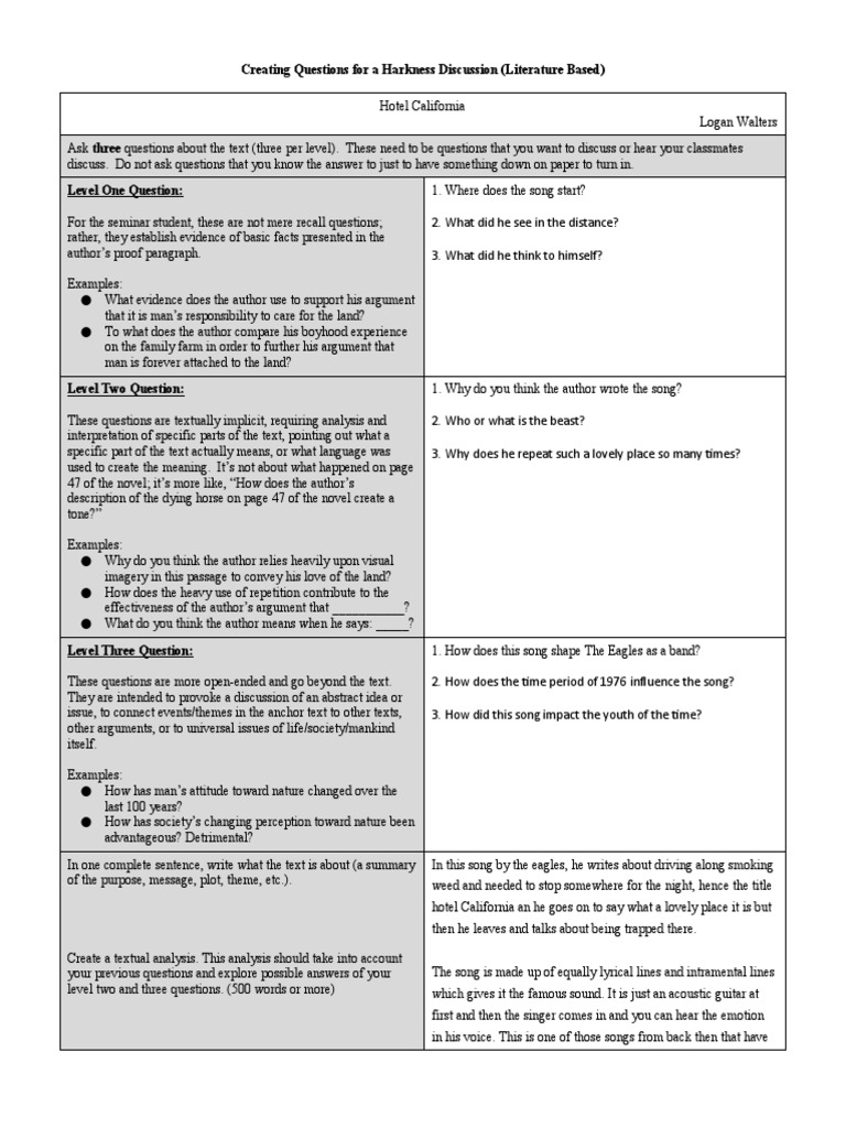 Hotel California Literature-Based Harkness Questions | PDF ...