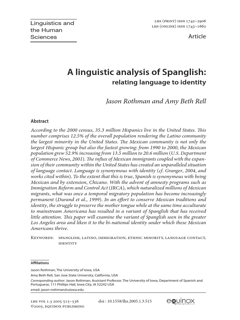 A Linguistic Analysis of Spanglish:: Relating Language To Identity ...