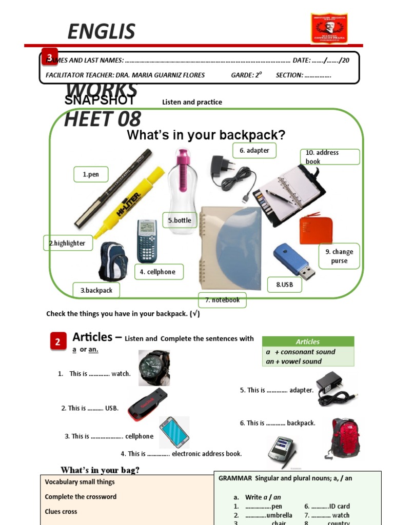 Englis H Works Heet 08: Snapshot What's in Your Backpack? | PDF ...