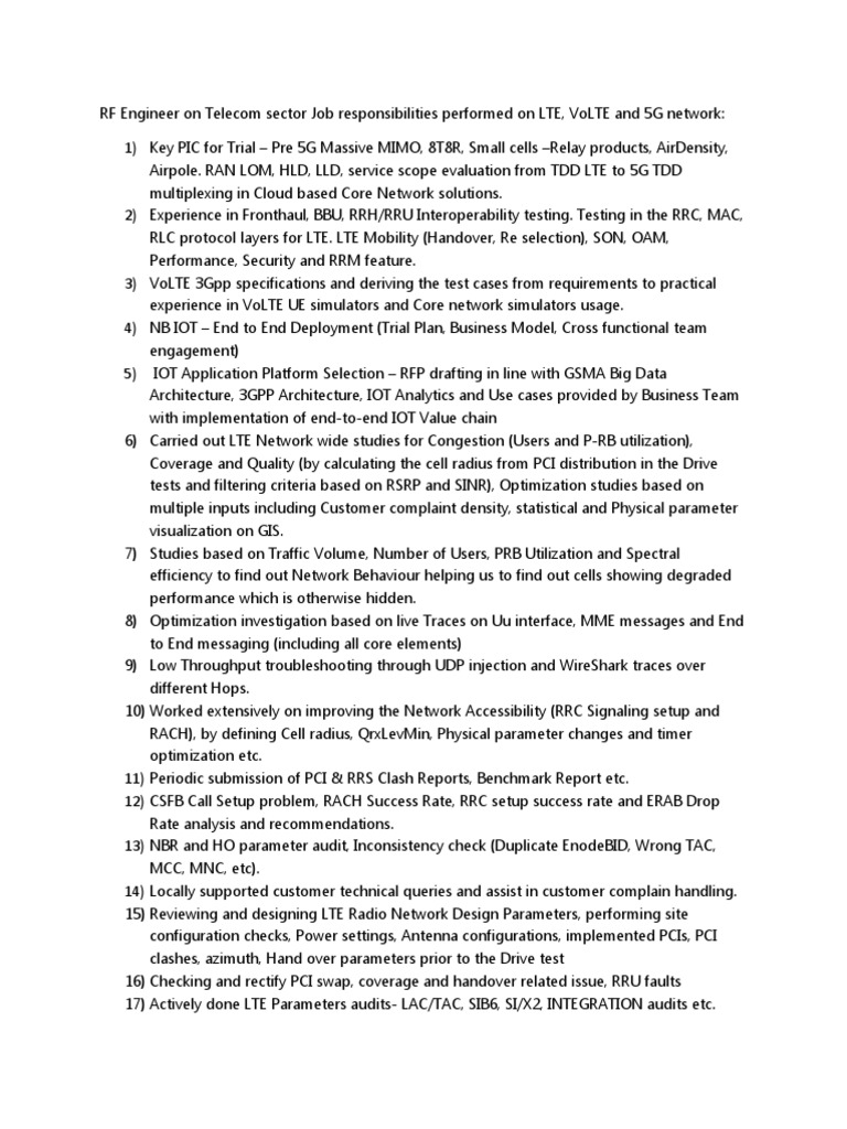 RF Engineer Job Responsibilities Performed On LTE, 5G | PDF | Lte ...