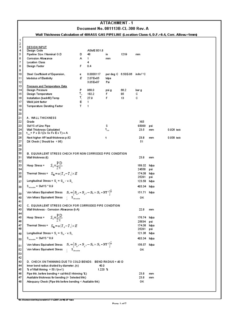Wall THK Calculation Asme B31.4 | PDF | Pipe (Fluid Conveyance) | Young's Modulus