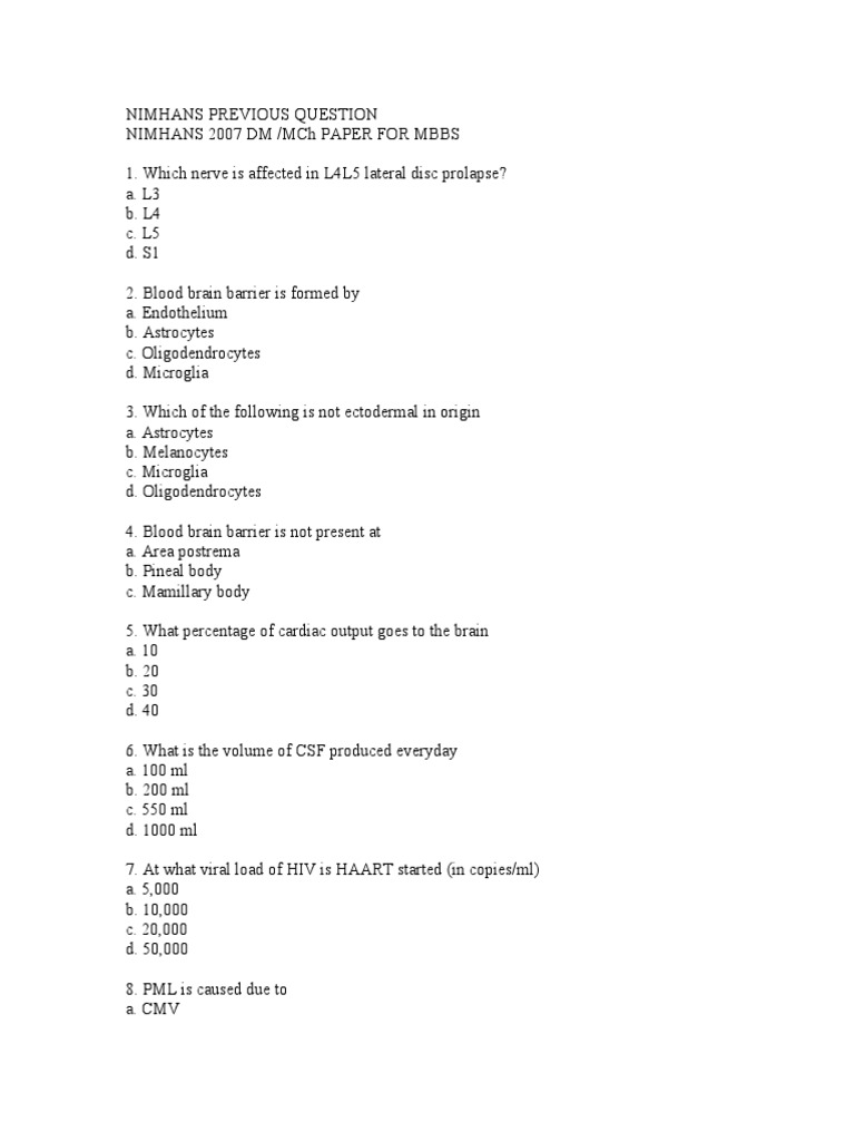 Nimhans Previous Question | PDF | Heart | Anemia