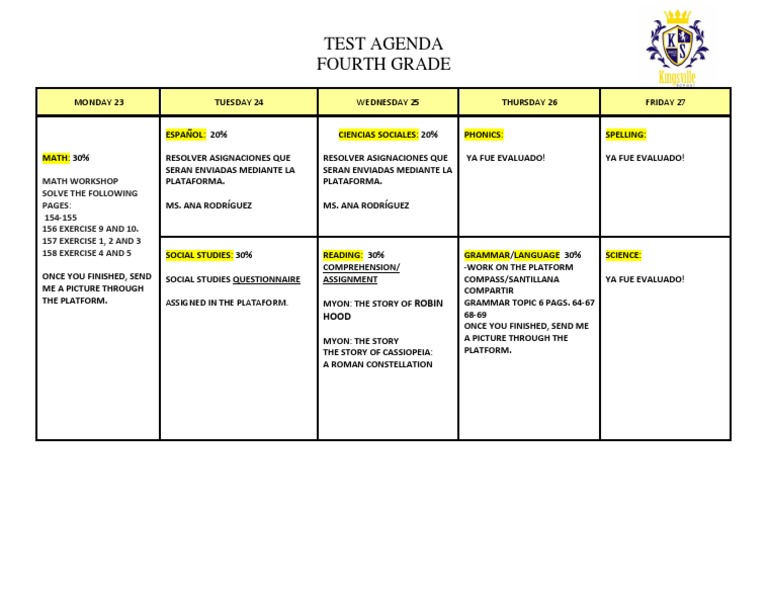 Fourth Grade Weekly Test Agenda | PDF