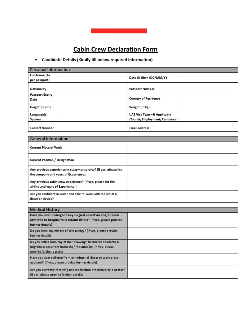 Cabin Crew Declaration Form: - Candidate Details (Kindly Fill Below ...